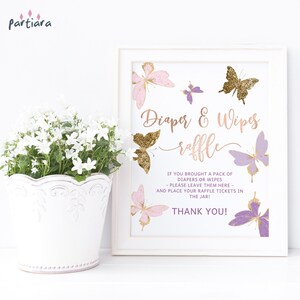 Girl Diaper and Wipes Raffle Table Sign, Butterfly Baby Shower Poster ...