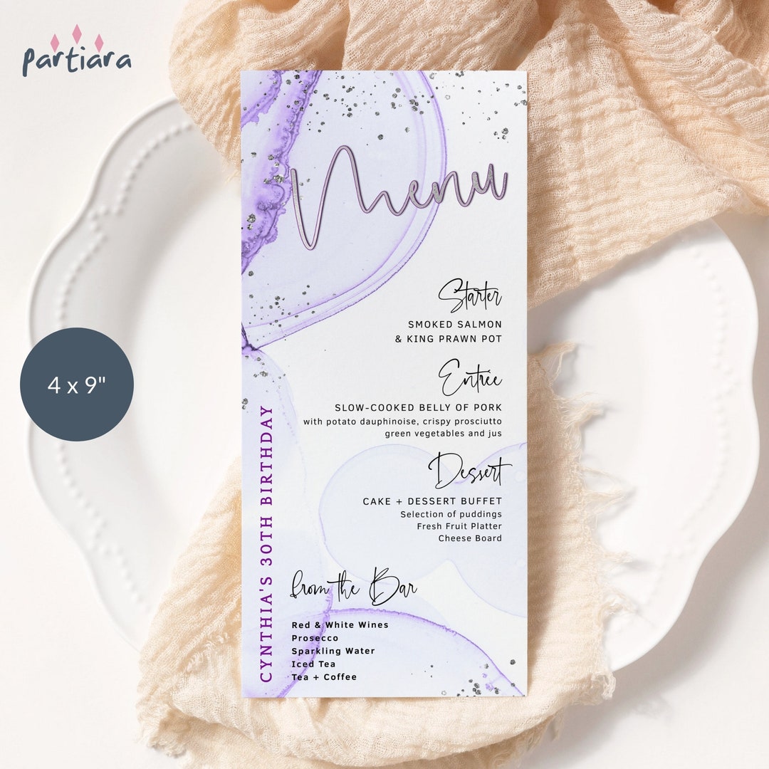 Lilac Silver Menu Template, Ladies Birthday Dinner Menus Editable ...