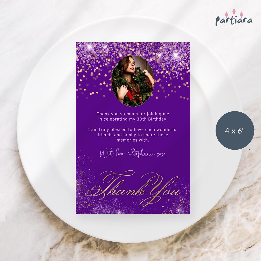 Ladies Thank You Card Purple Gold Photo Template, Birthday Dinner Party ...