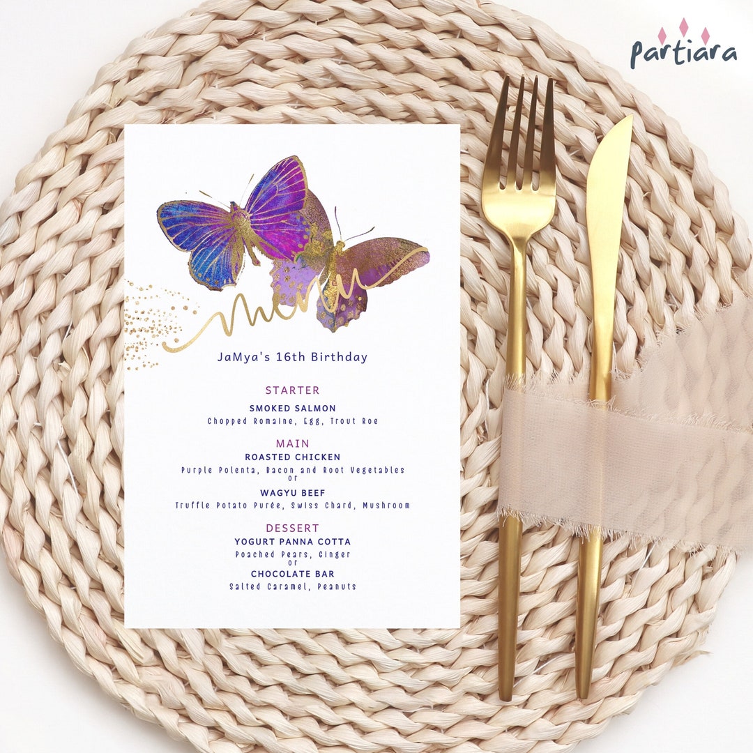 Editable Purple Butterfly Menu Card Template Teen Girls - Etsy