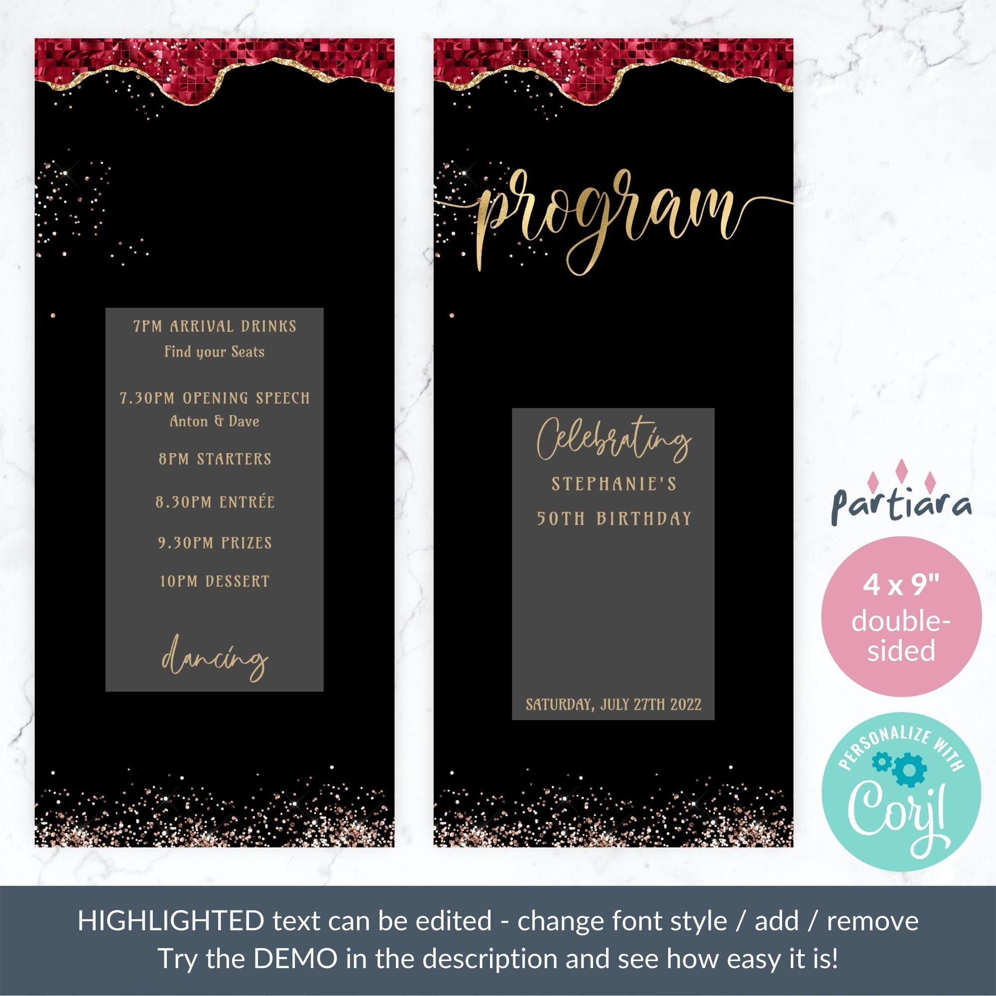 Ladies Birthday Program Printable Red Black Gold Dinner Party - Etsy