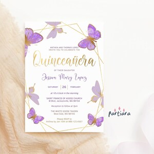 Purple Quinceanera Invite Butterfly Quince Dinner Party Invitation ...