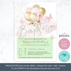 Baptism Invite Godparents Invitations Girl Butterfly Floral Balloons ...