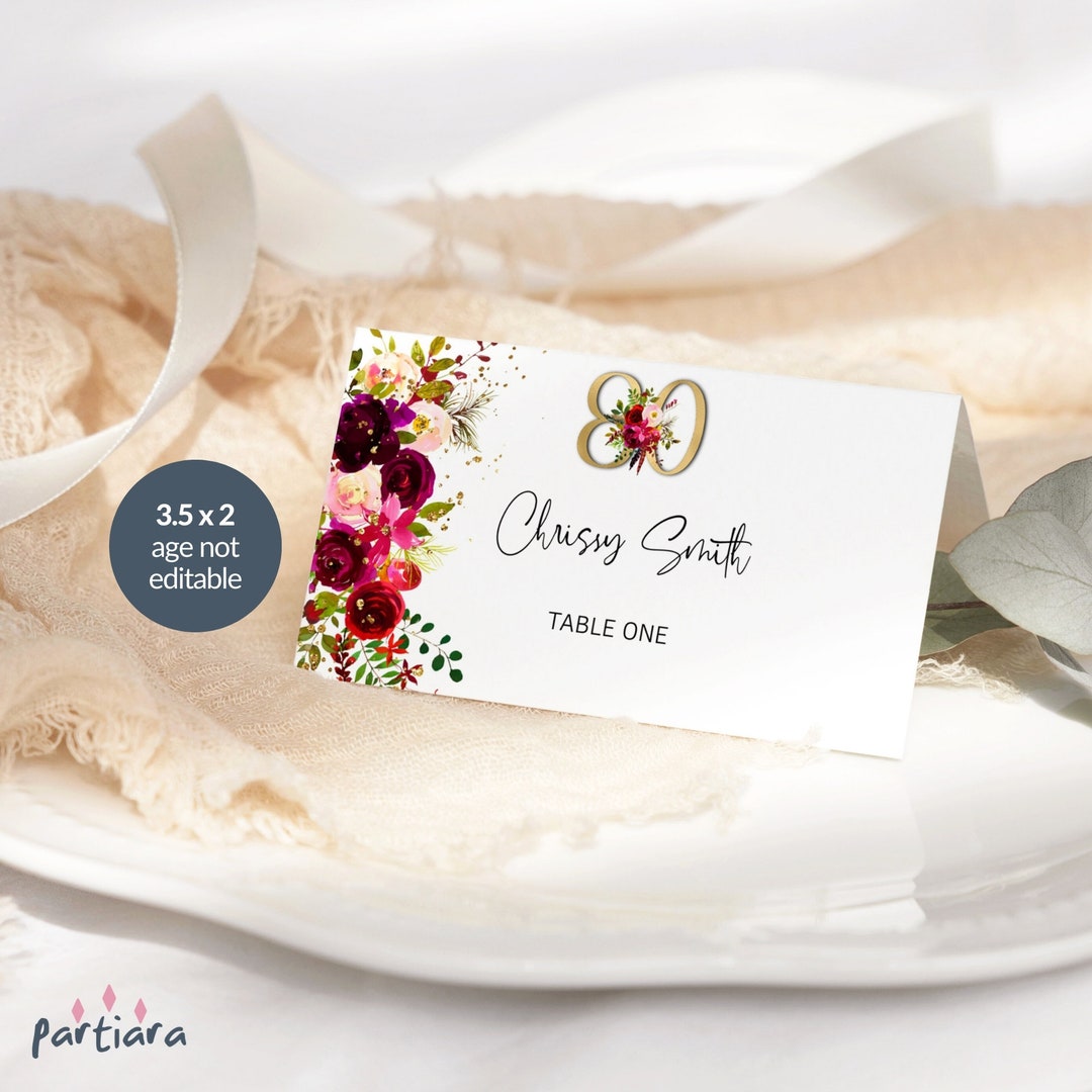 Floral Place Cards 80th Birthday Party Printable, Table Seating Name ...