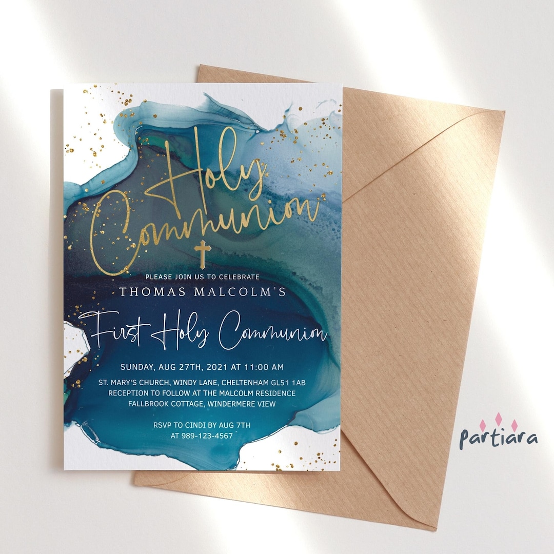 First Holy Communion Invitation Girls: Teal Blue Gold Printable ...