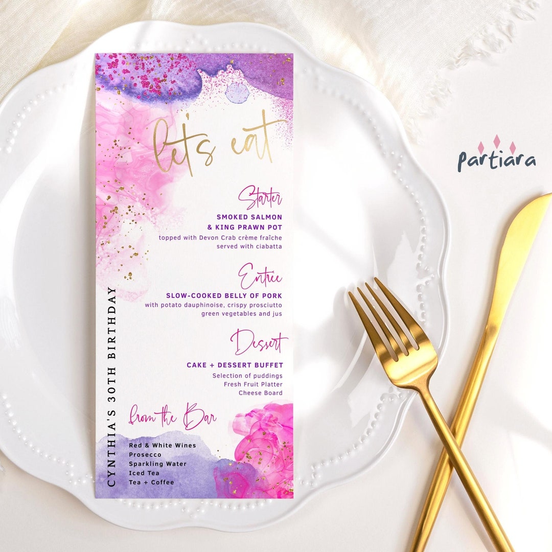 Birthday Menus for Girls, Teens Brunch Menu Card Template, Ladies ...