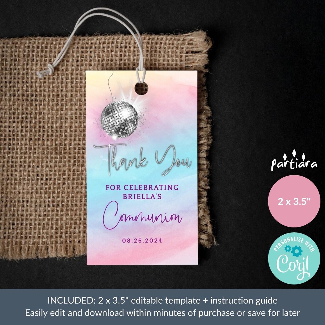Disco Birthday Tags, Teens Thank You Gift Tag Printable, Pastel Rainbow ...