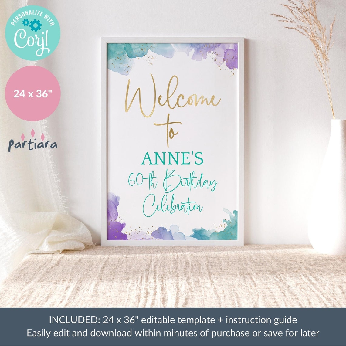 Birthday Welcome Sign Ladies Editable Template, Purple Dinner Party ...