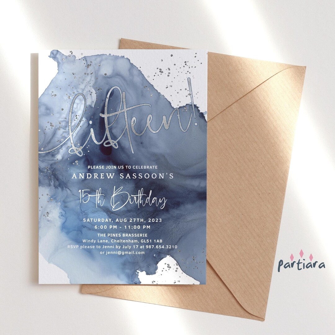 Blue Silver 15th Birthday Invitation Printable for Boys or Girls Disco ...
