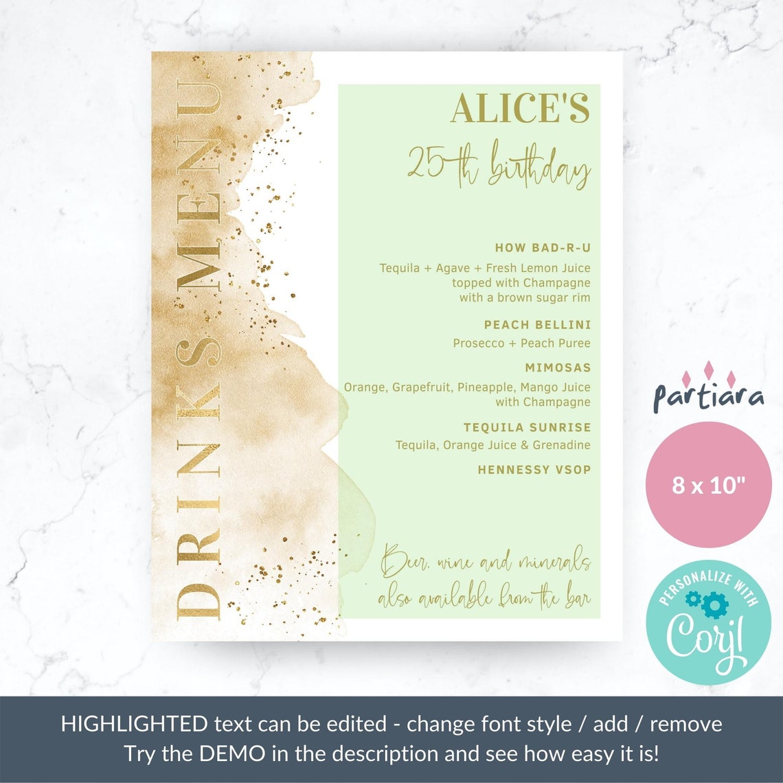 Gold Drinks Menu Template, Birthday Bar Table Menus Printable, Golden ...