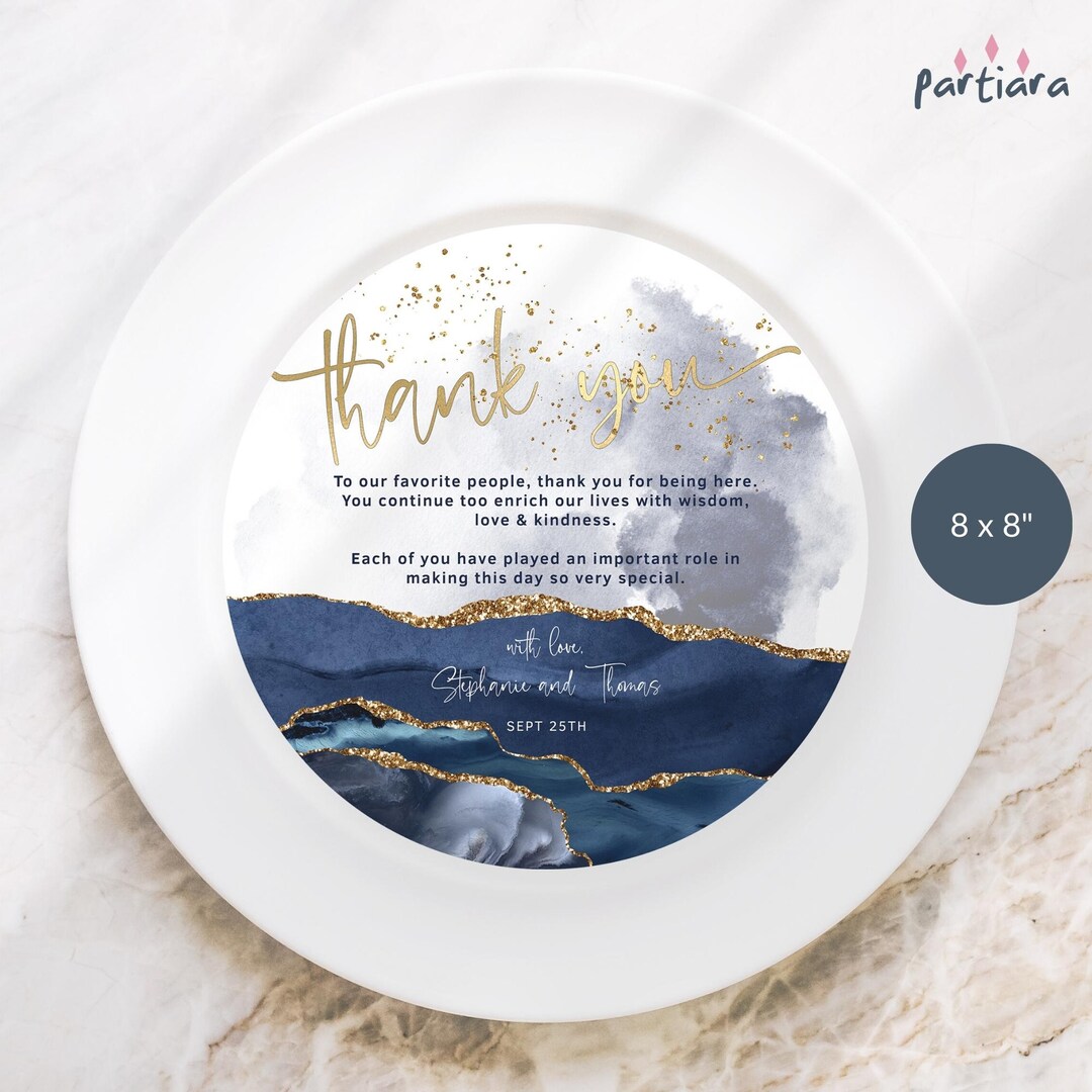 Navy Blue Gold Thank You Plate Charger Printable Wedding Reception ...