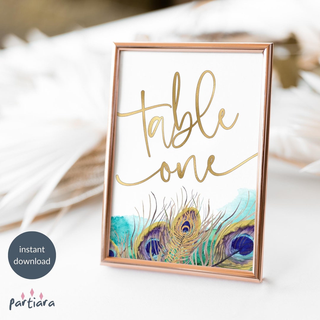 Peacock Feathers Table Number Card INSTANT DOWNLOAD, Bridal Shower ...