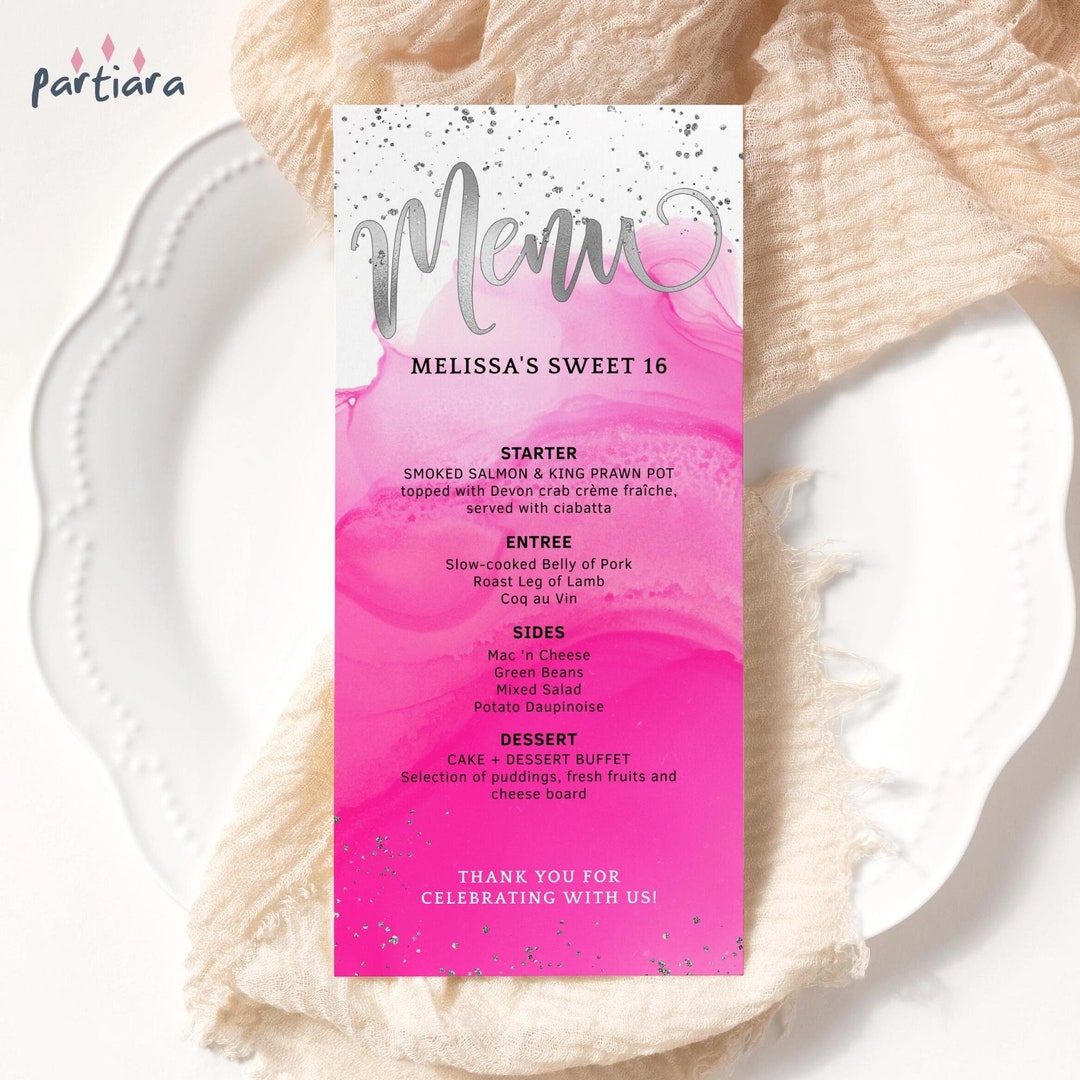 Fuchsia Pink Silver Menu Card Printable Teen Girls Ladies Hot Pink ...