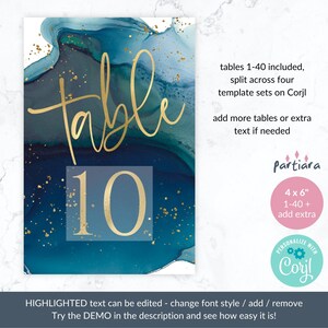 Teal Gold Table Number Cards Set 1-40 Editable Birthday Tables Bridal ...