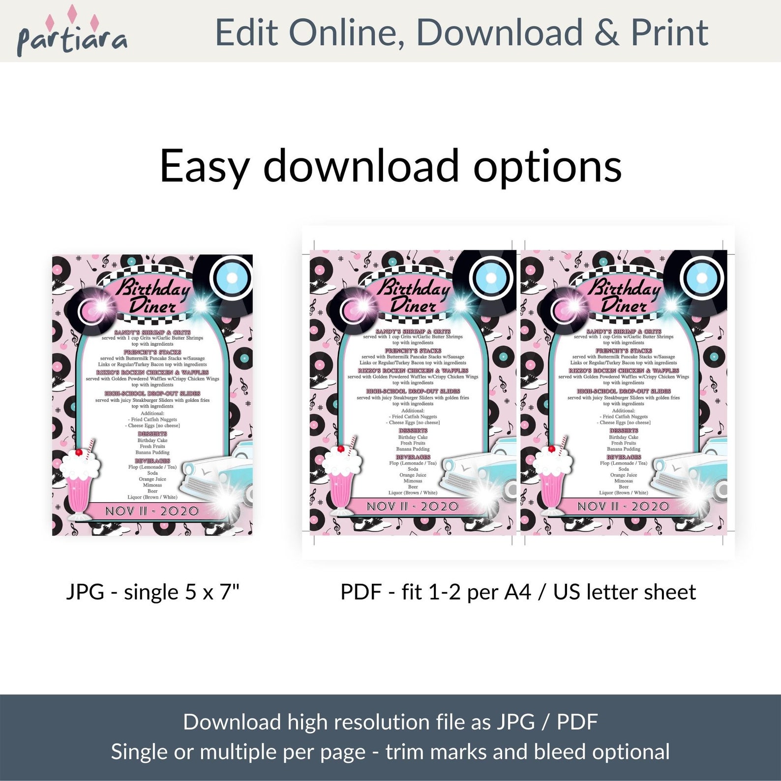 Editable 50s Diner Menu Card Template Retro Birthday Party - Etsy UK