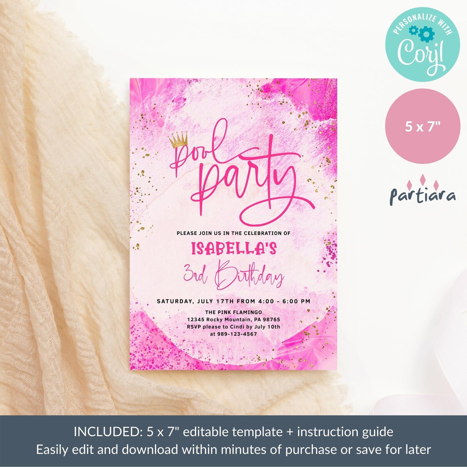 Princess Pool Party Invitation Printable Hot Pink Gold Girl - Etsy