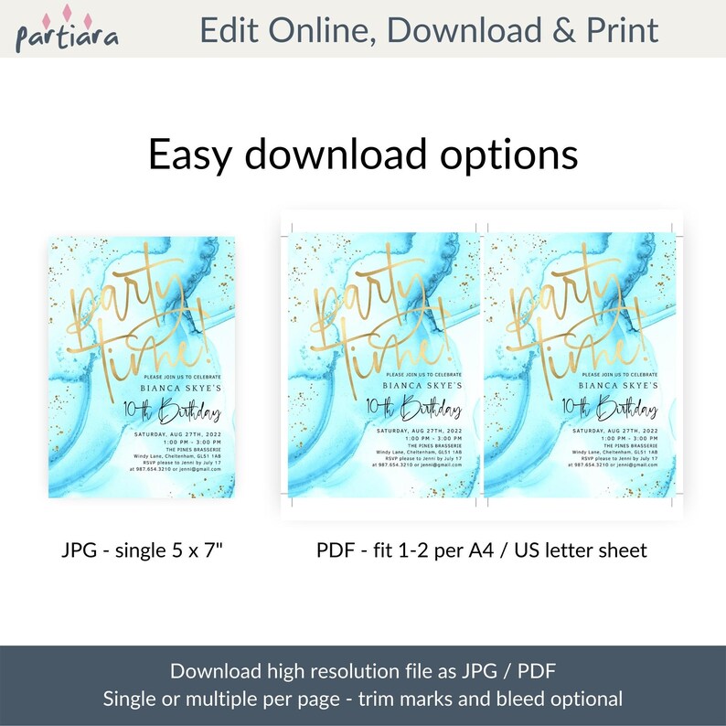 Sky Blue Birthday Invitation Printable Party Time Invites for Girl's ...