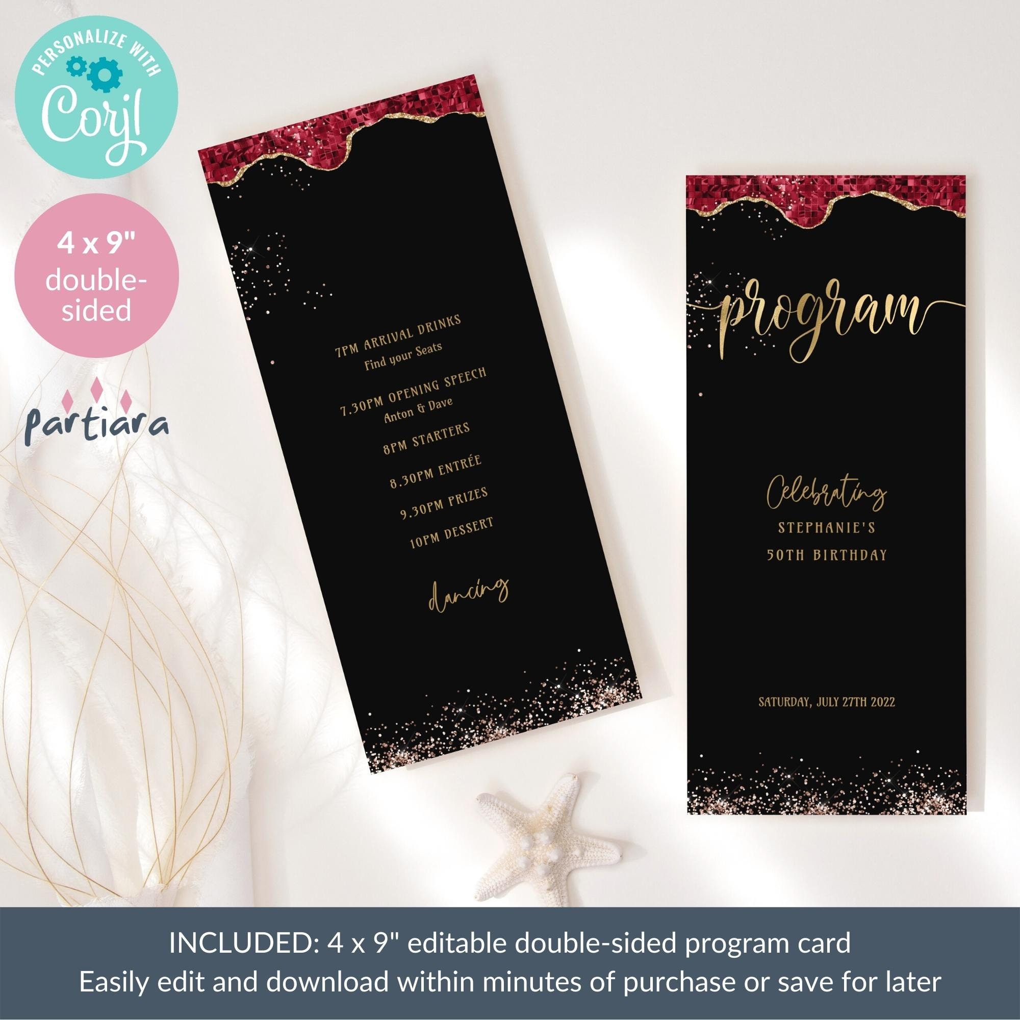 Ladies Birthday Program Printable Red Black Gold Dinner Party - Etsy