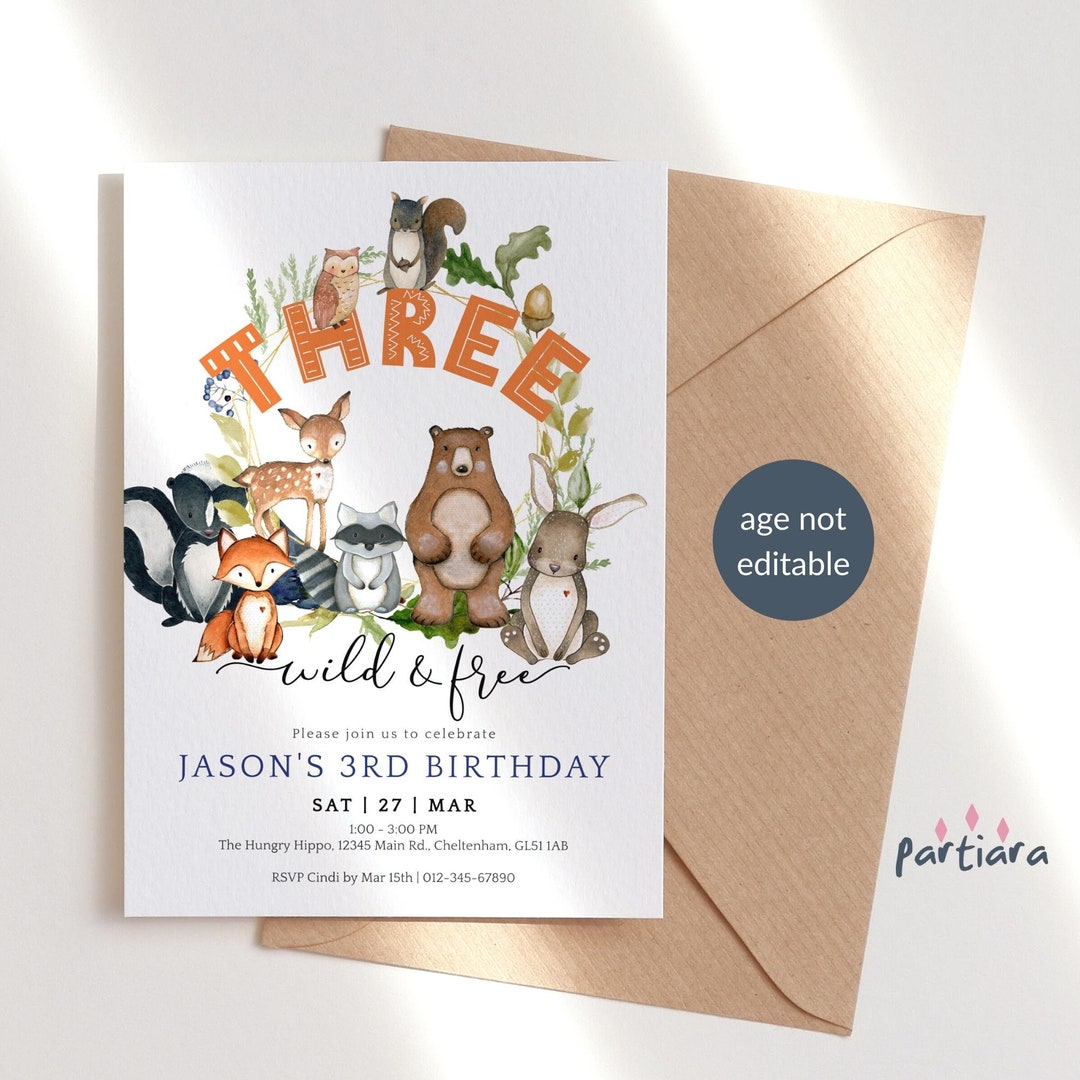 Young Wild Three 3rd Birthday Invitation Boy Woodland Forest - Etsy