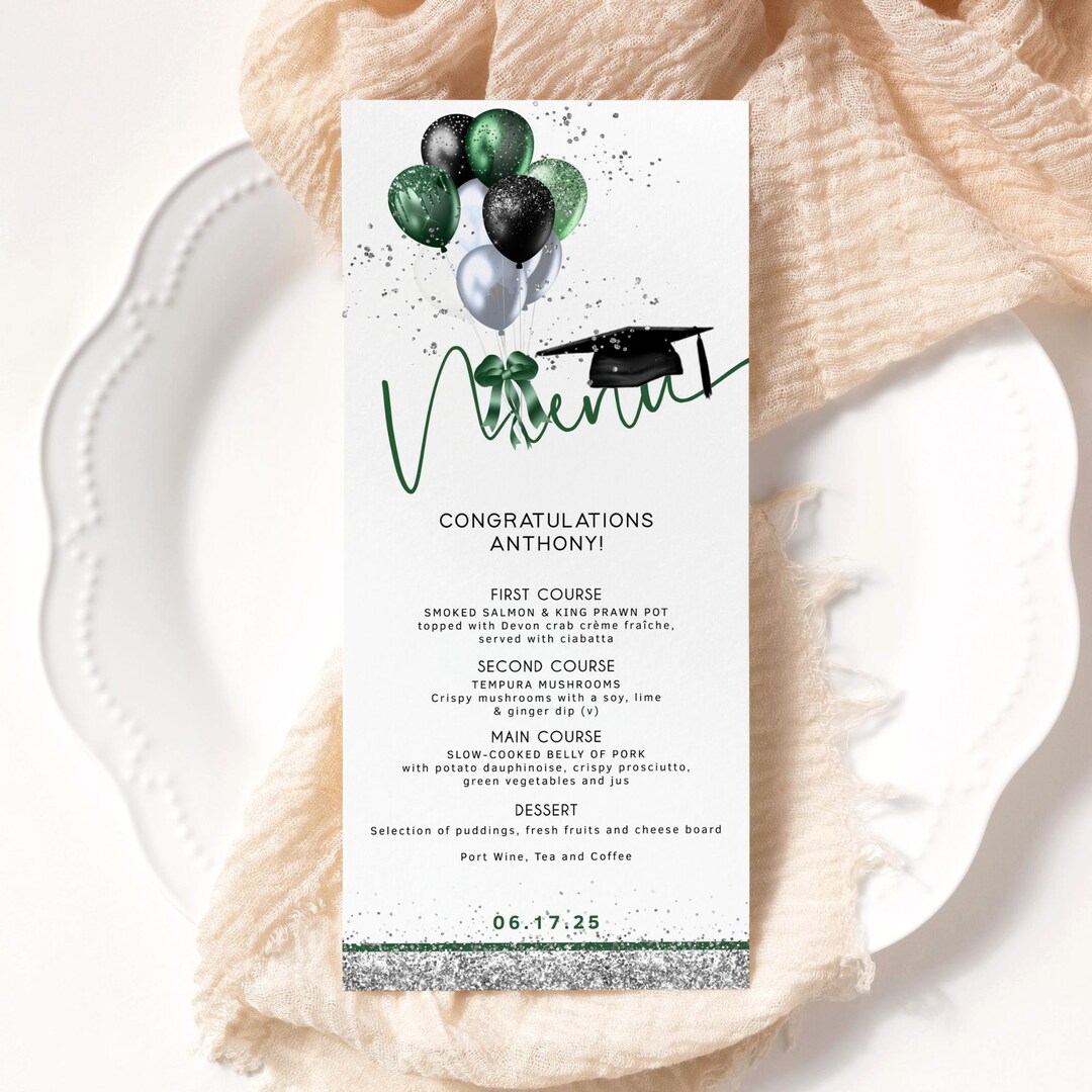 Green Graduation Menu Template, Graduation Dinner Menus Printable, Boy ...