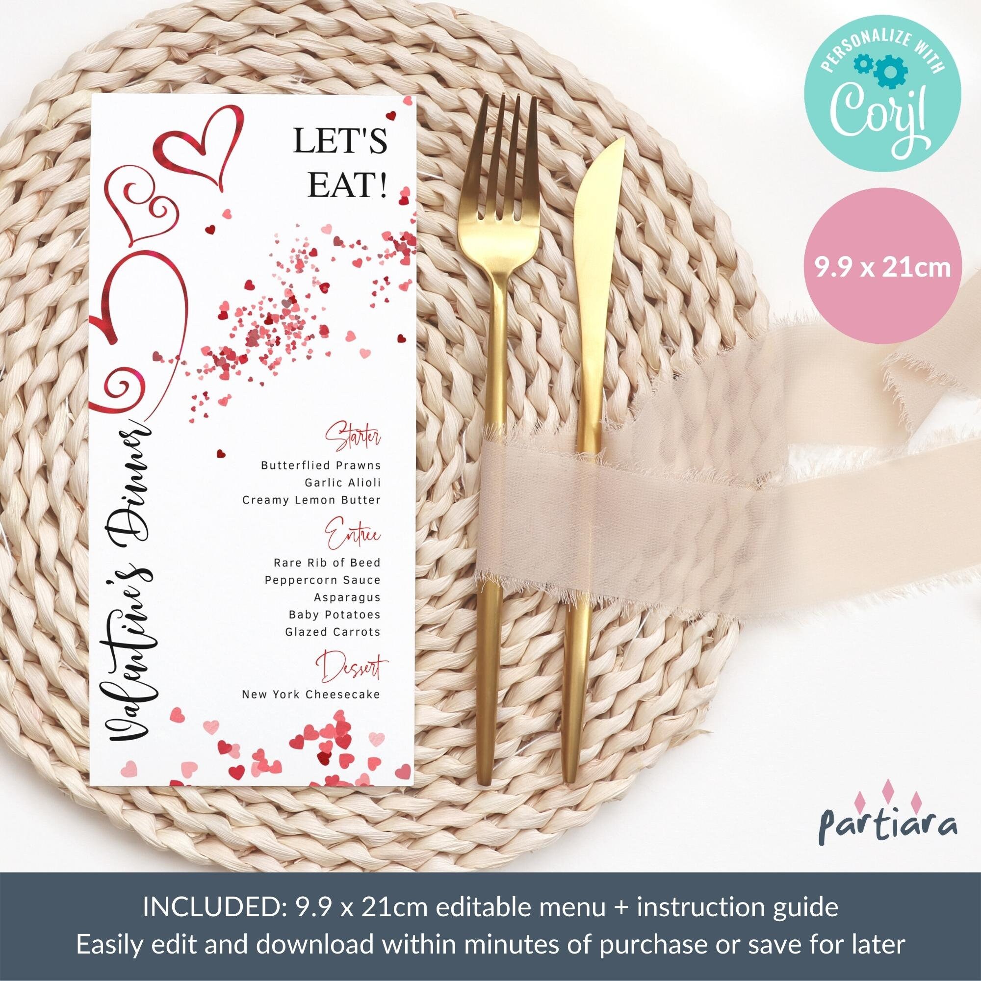 Valentines Day Menu Printable Red Hearts Dinner Party Menus - Etsy