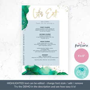 Emerald Green Menu Template, Birthday Dinner Party Table Menus ...