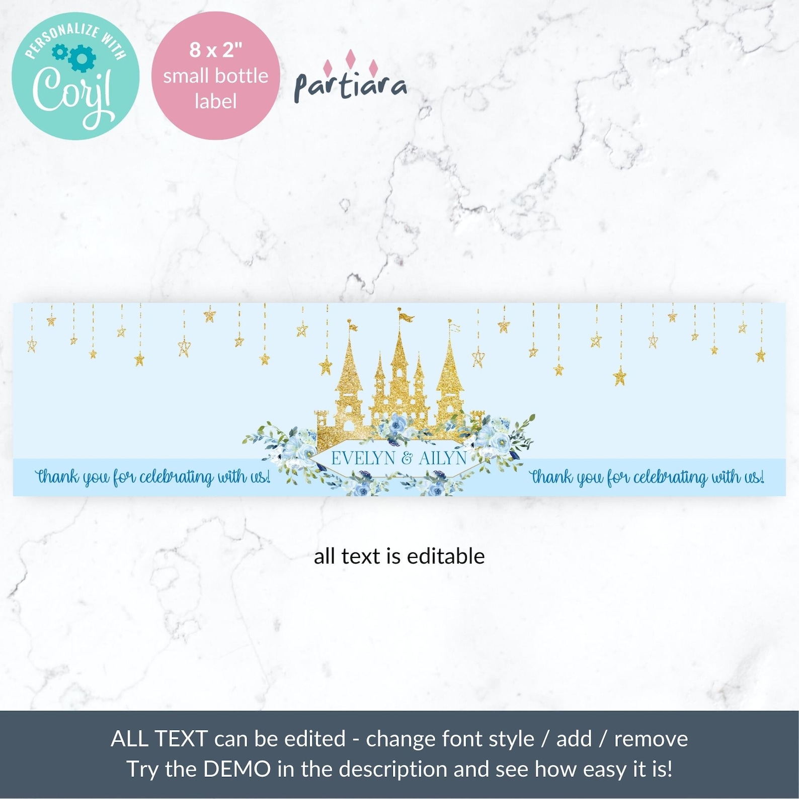 Castle Water Bottle Label Princess Party Template, Girls Blue Floral ...