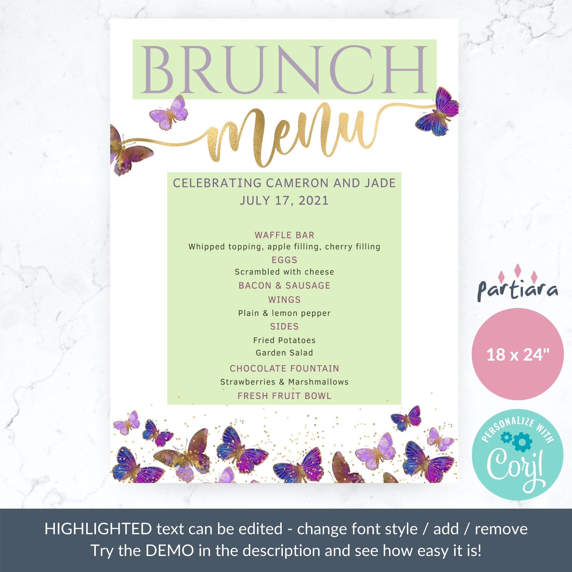 Editable Butterfly Baby Shower Brunch Menu Sign Birthday Party | Etsy