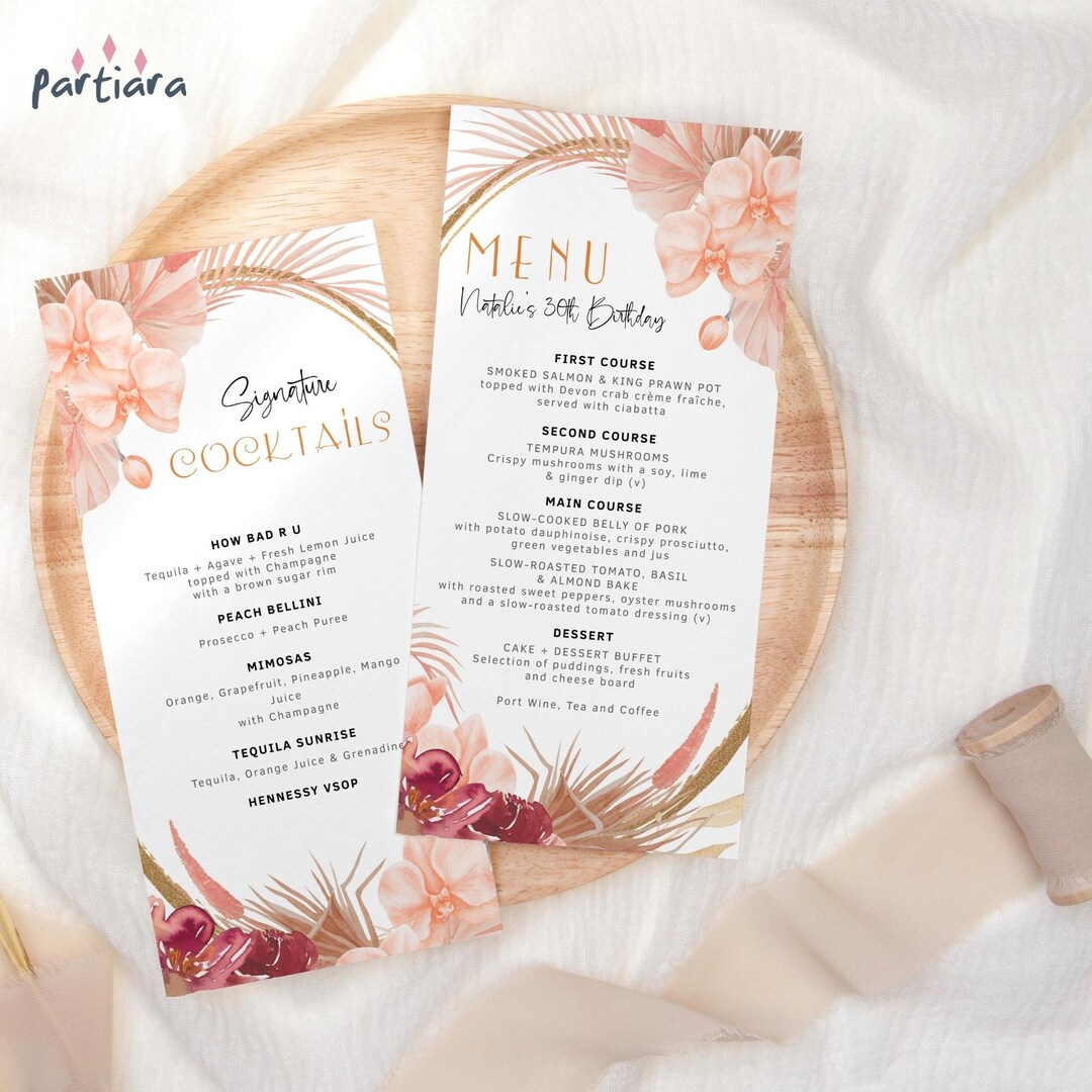 Boho Menus Signature Cocktail Menu Card Printable Ladies Birthday ...