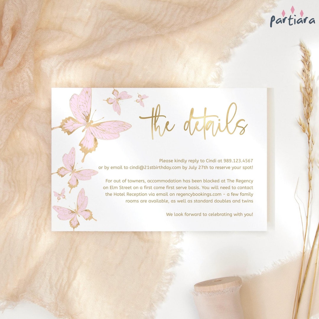 Birthday Details Invite Insert Card Printable Girls Blush Pink ...