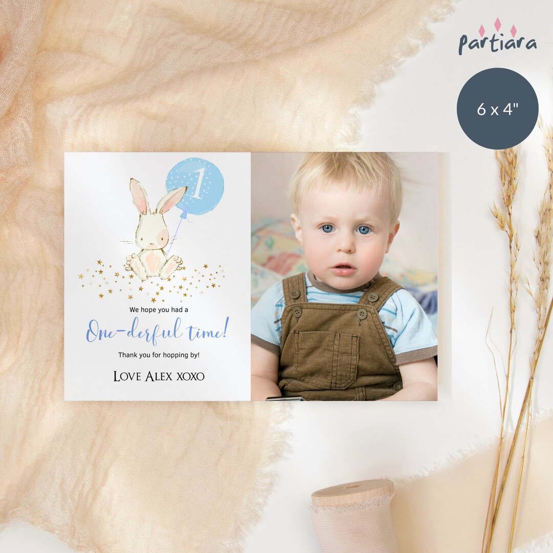 Bunny Thank You Card 1st Birthday Party Notecard Printable for Boys ...