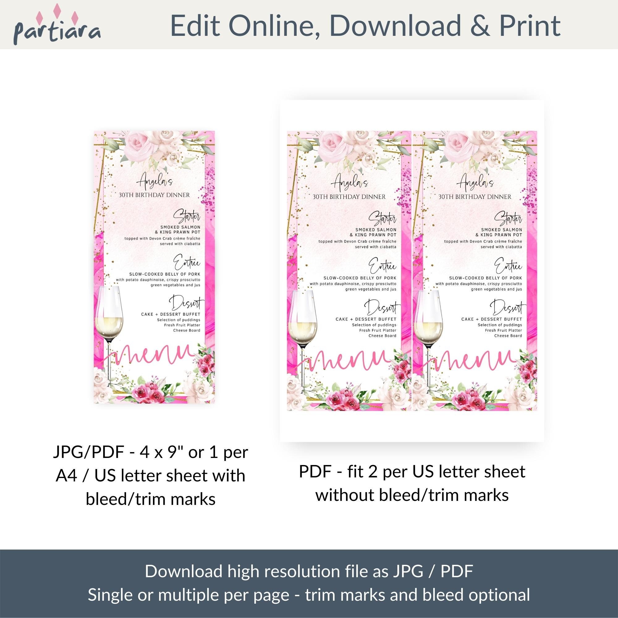 Pink Floral Ladies Menu Card Printable 30th 40th 50th Birthday - Etsy