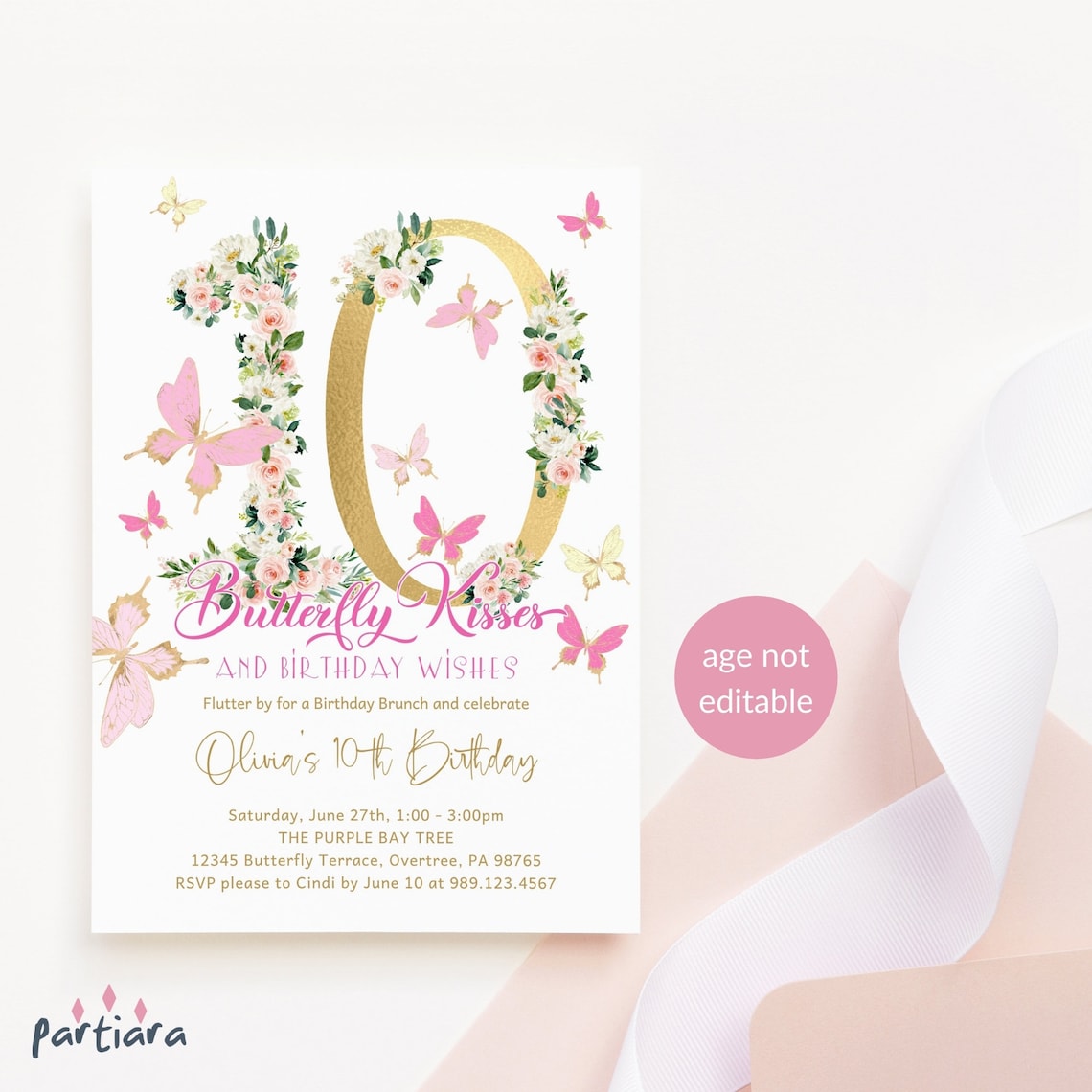 Girl 10th Birthday Invitation Printable Butterfly Floral Party | Etsy UK