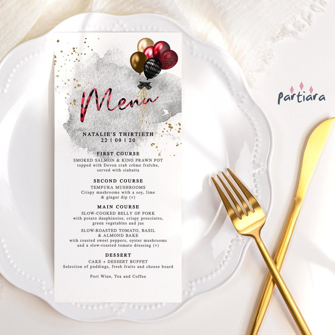 Editable Birthday Holidays Party Menu Black Red Gold Balloons Dinner ...