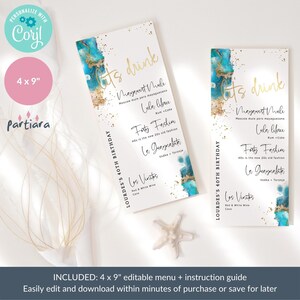 Editable Drinks Menu Card Teal Blue Gold Mens Birthday Dinner Party ...