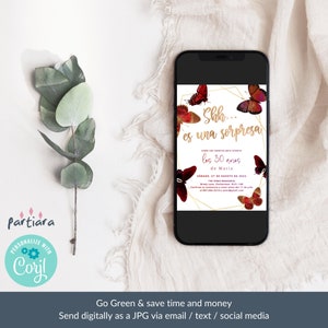 Spanish Surprise Party Invitation, Ladies Red Gold Butterfly Fiesta ...