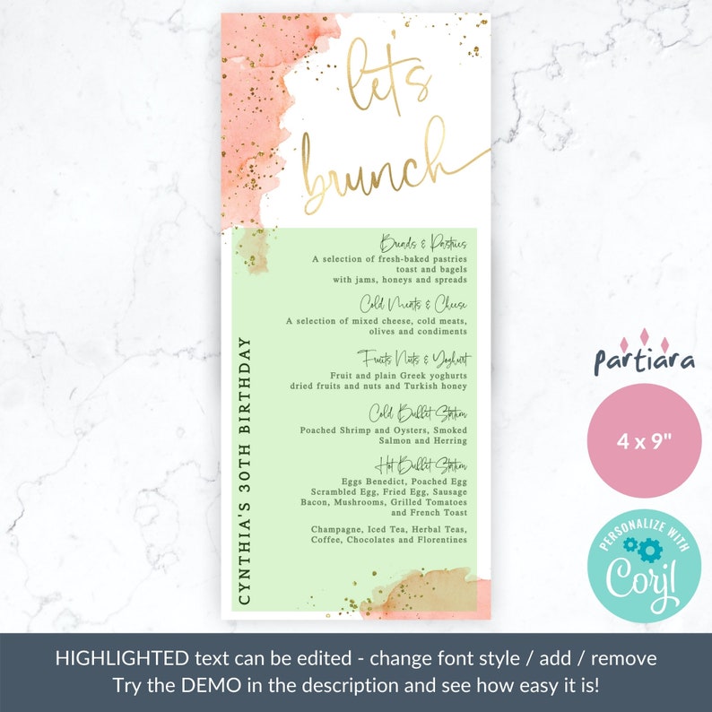 Blush Gold Brunch Menu Card DIY Editable Printable Ladies Slim - Etsy