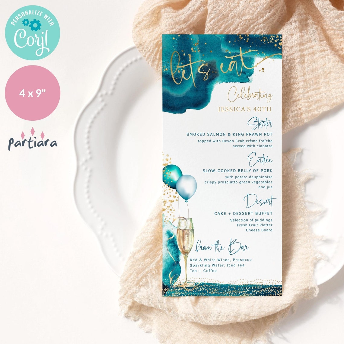 Birthday Menu Cards Editable Teal Gold Party Table Menus | Etsy