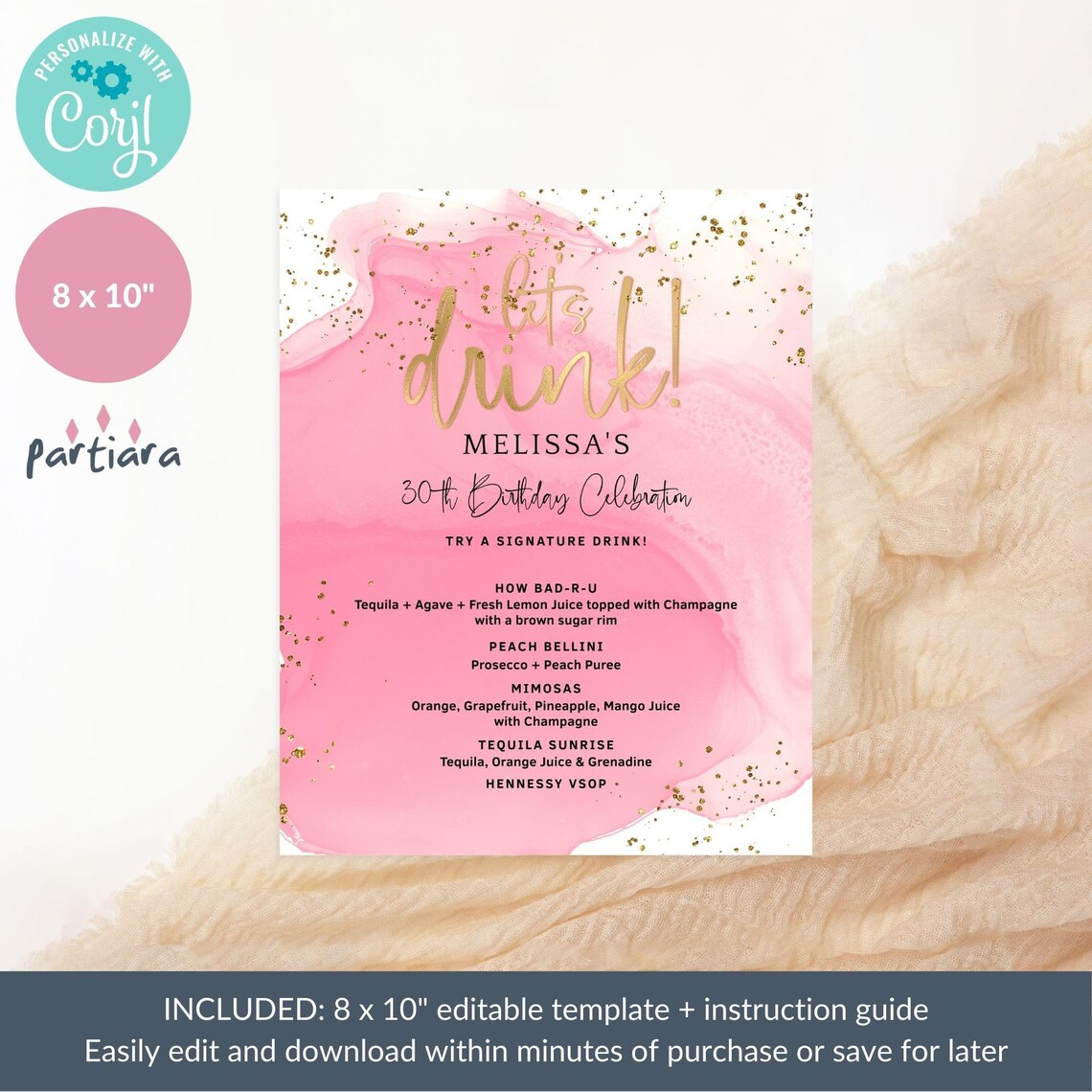 Ladies Birthday Bar Menu Table Sign Printable Signature Drinks Menus ...