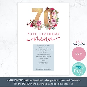70th Birthday Menu Template, Ladies Brunch Lunch or Dinner Party ...