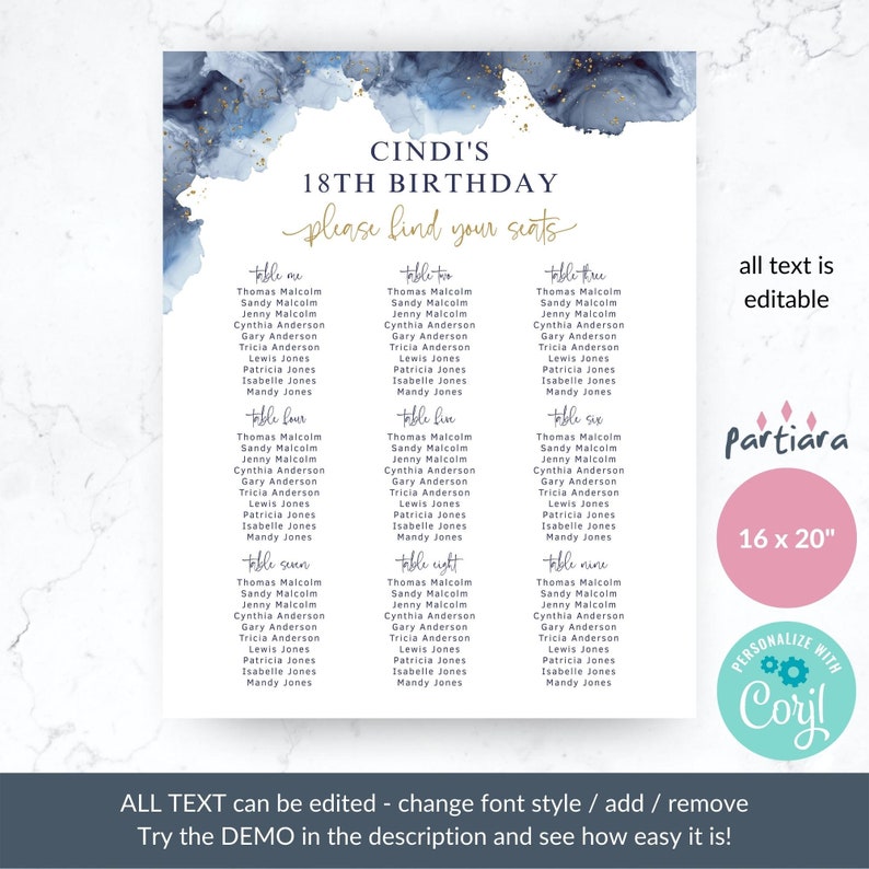 Blue Seating Chart Birthday Table Plan Template, Teen Boys or Mens ...