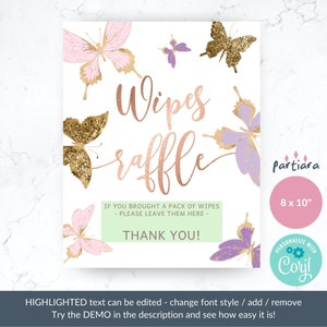 Editable Wipes Raffle Sign Girl Butterfly Baby Shower Party Table ...