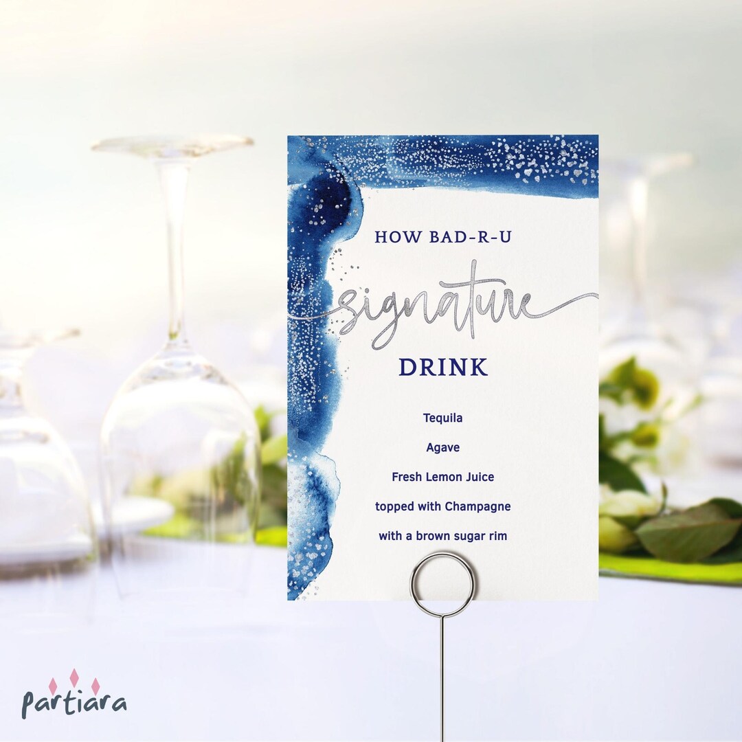 Navy Blue Signature Drinks Menu Card Template, Birthday Bar Menus ...