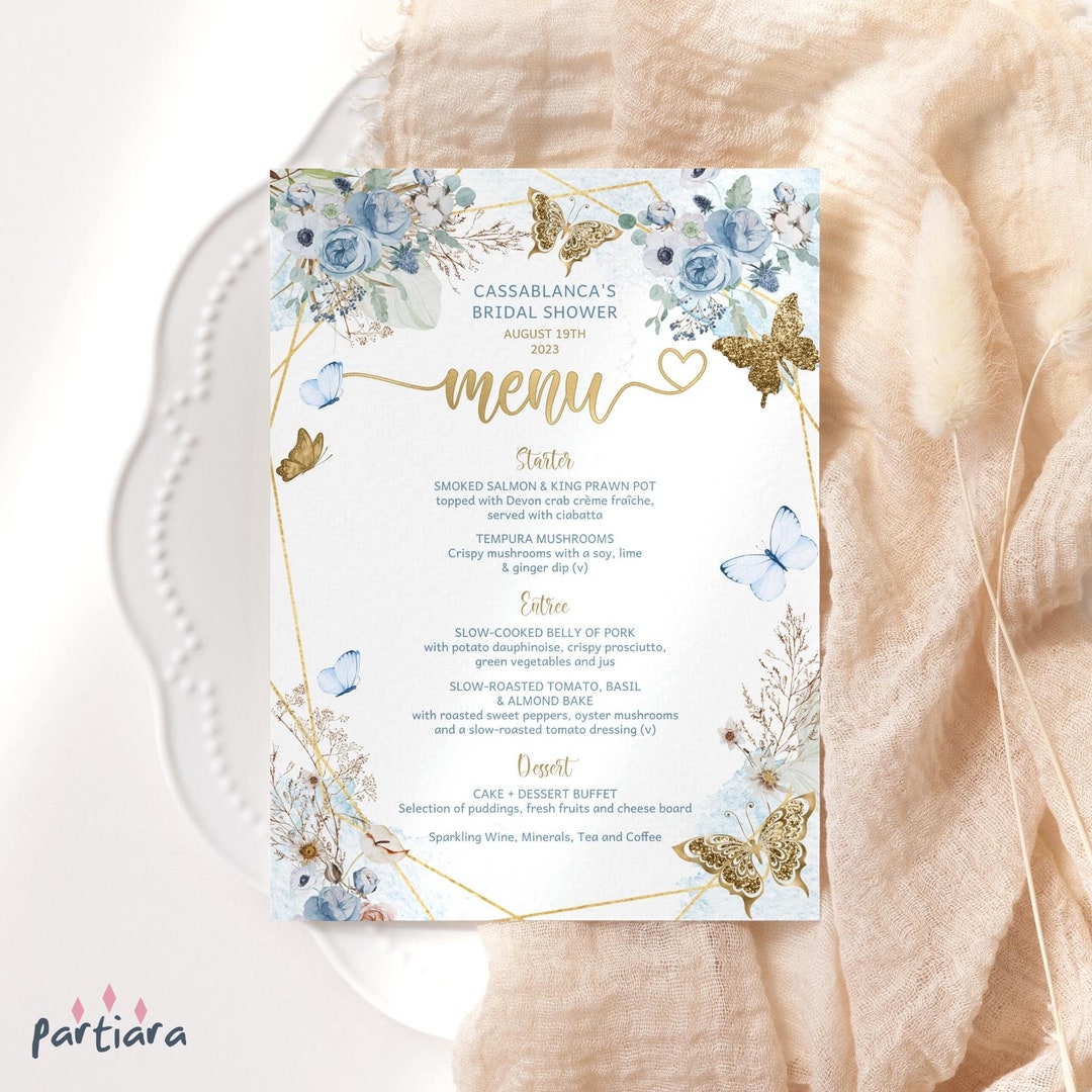 Blue Bohemian Bridal Shower Menu Pampas Floral Butterflies Watercolor ...