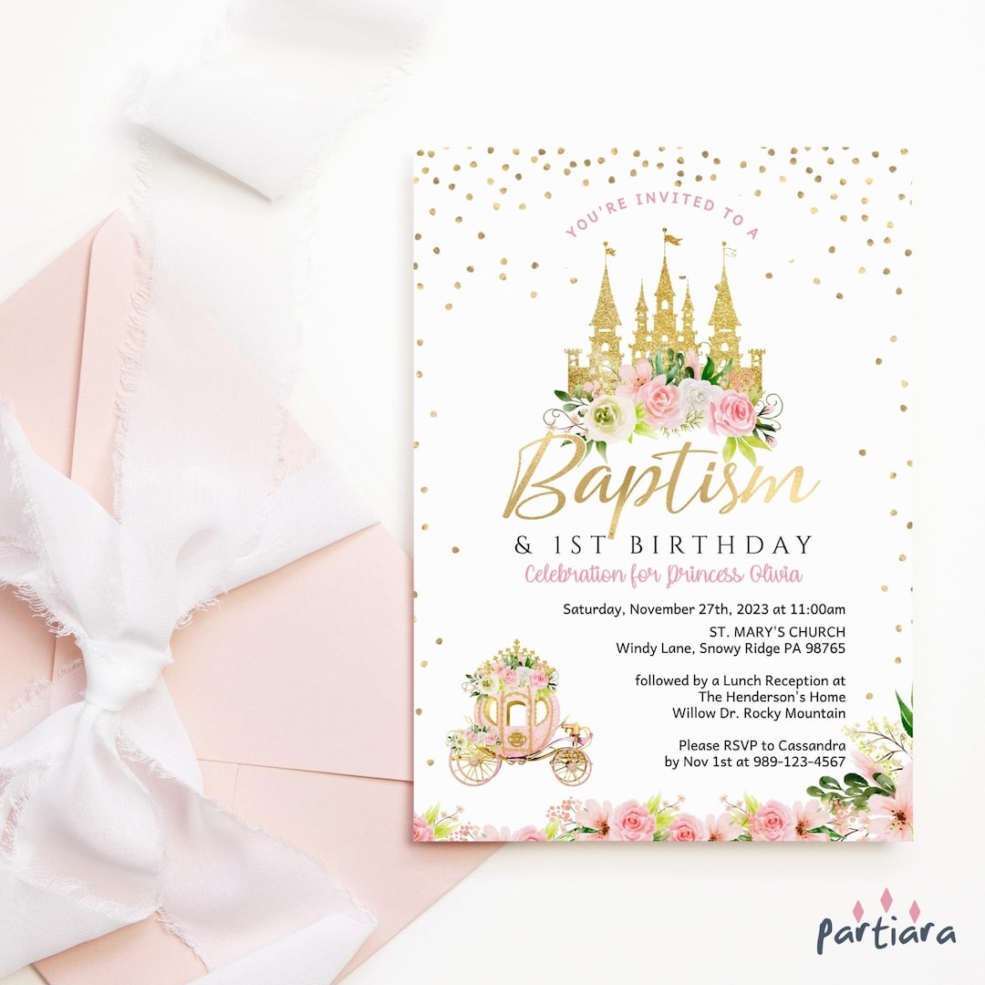 Pink Princess Baptism Invitation Printable Girl 1st Birthday and ...