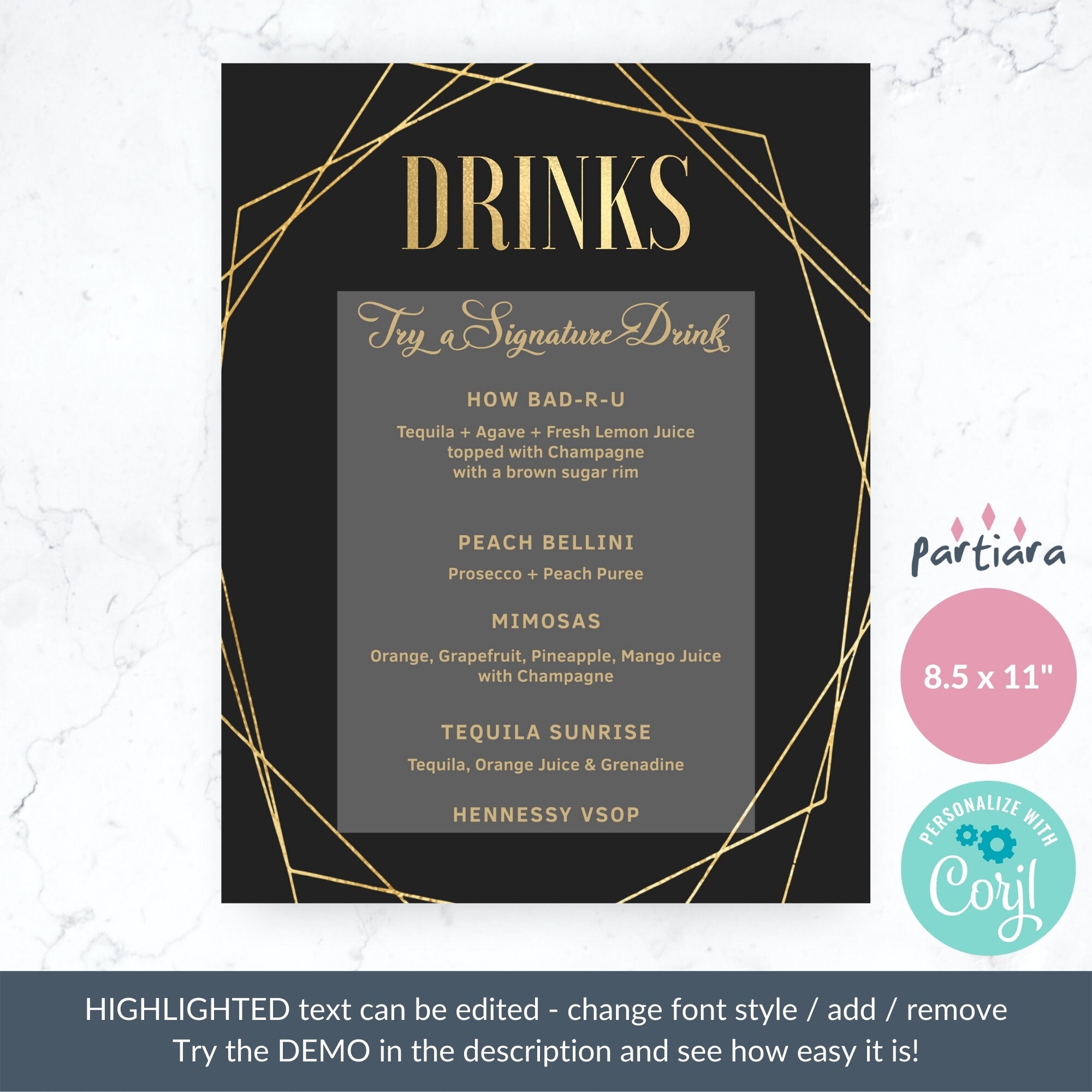 Editable Drinks Menu Card Template Adult Birthday Menus Party | Etsy ...