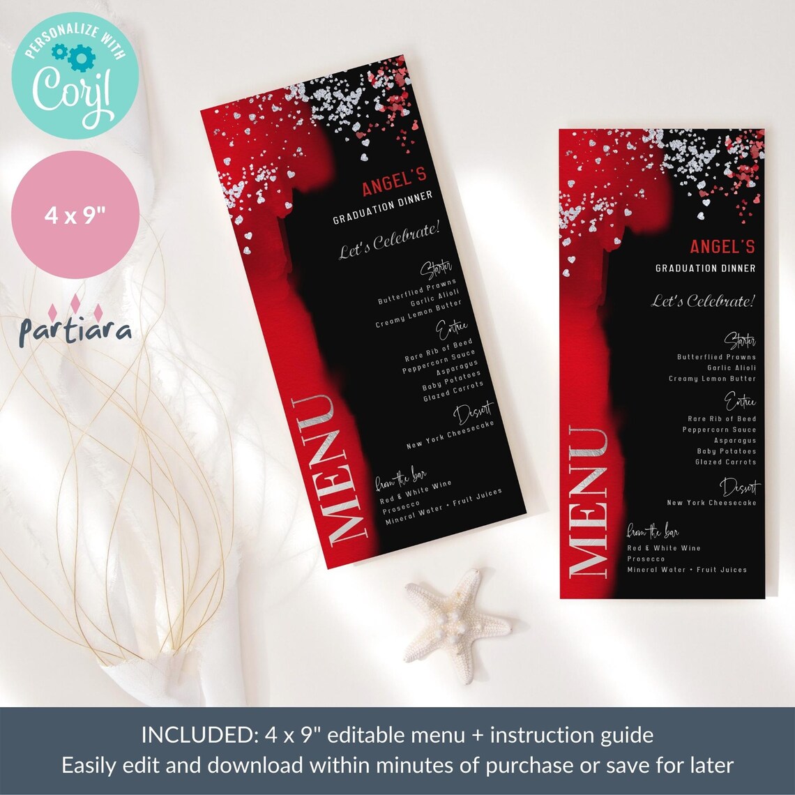 Red Silver Black Menu Card Printable Graduation Dinner Party - Etsy
