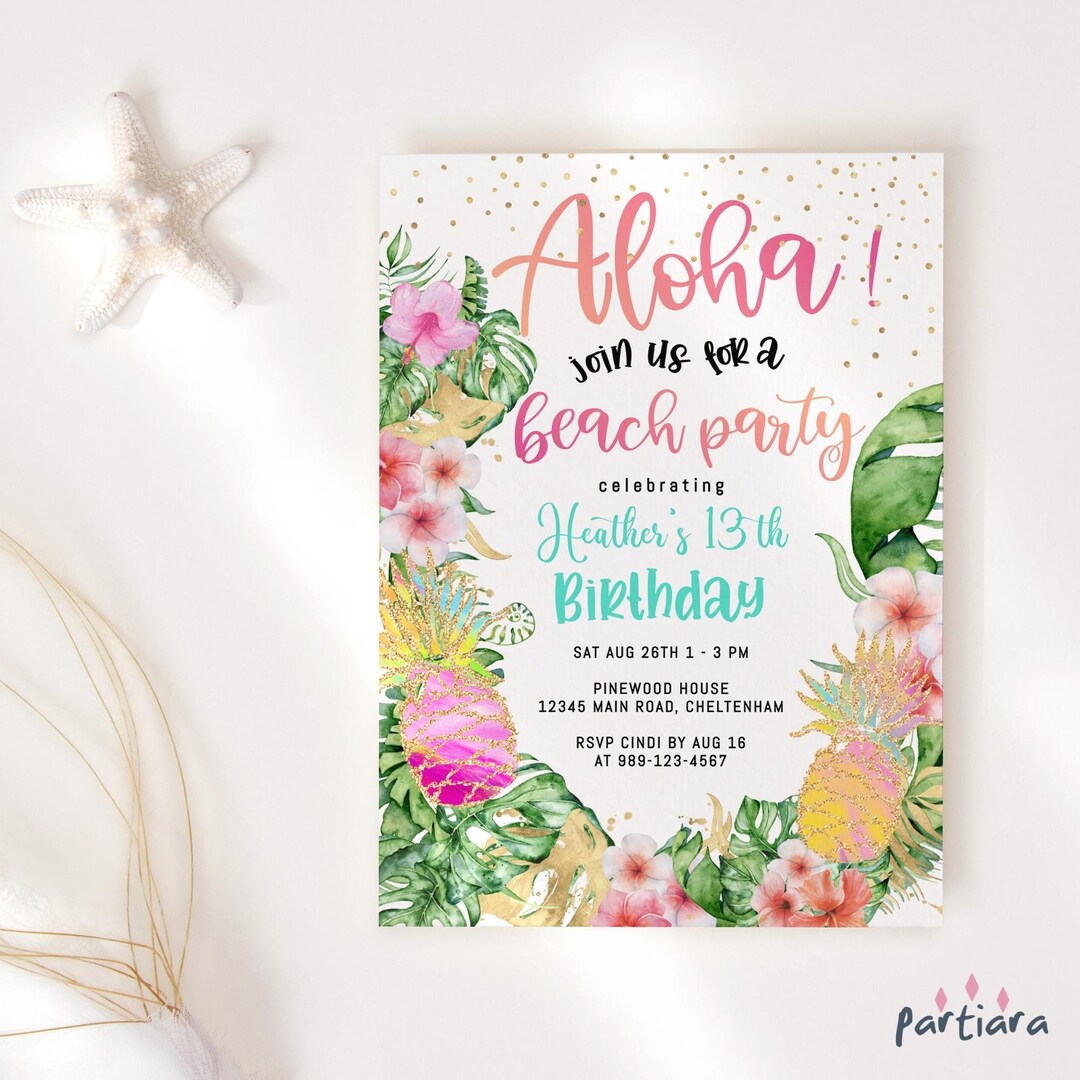 Beach Party Invite Tropical Birthday Invitation Aloha Hawaiian Luau ...
