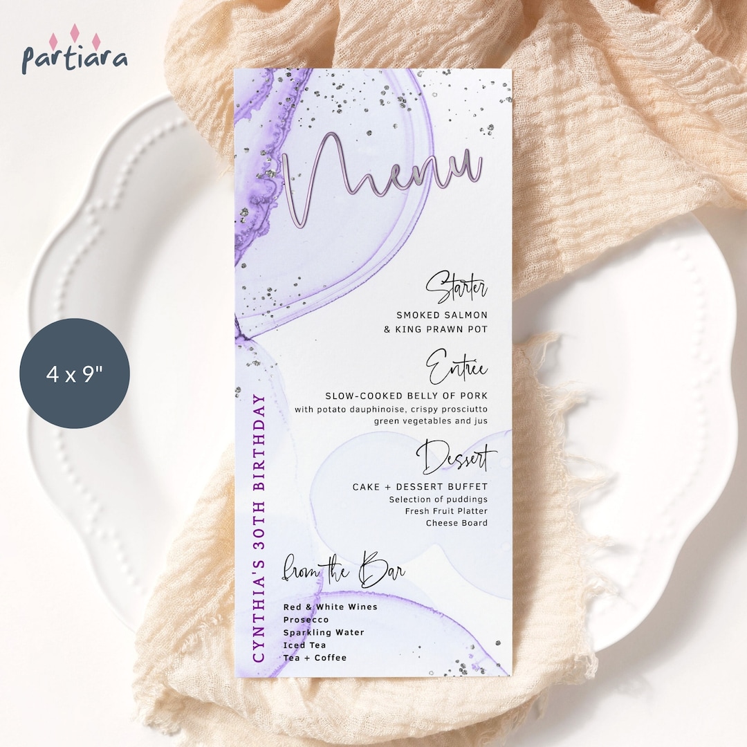 Lilac Silver Menu Template, Ladies Birthday Dinner Menus Editable ...