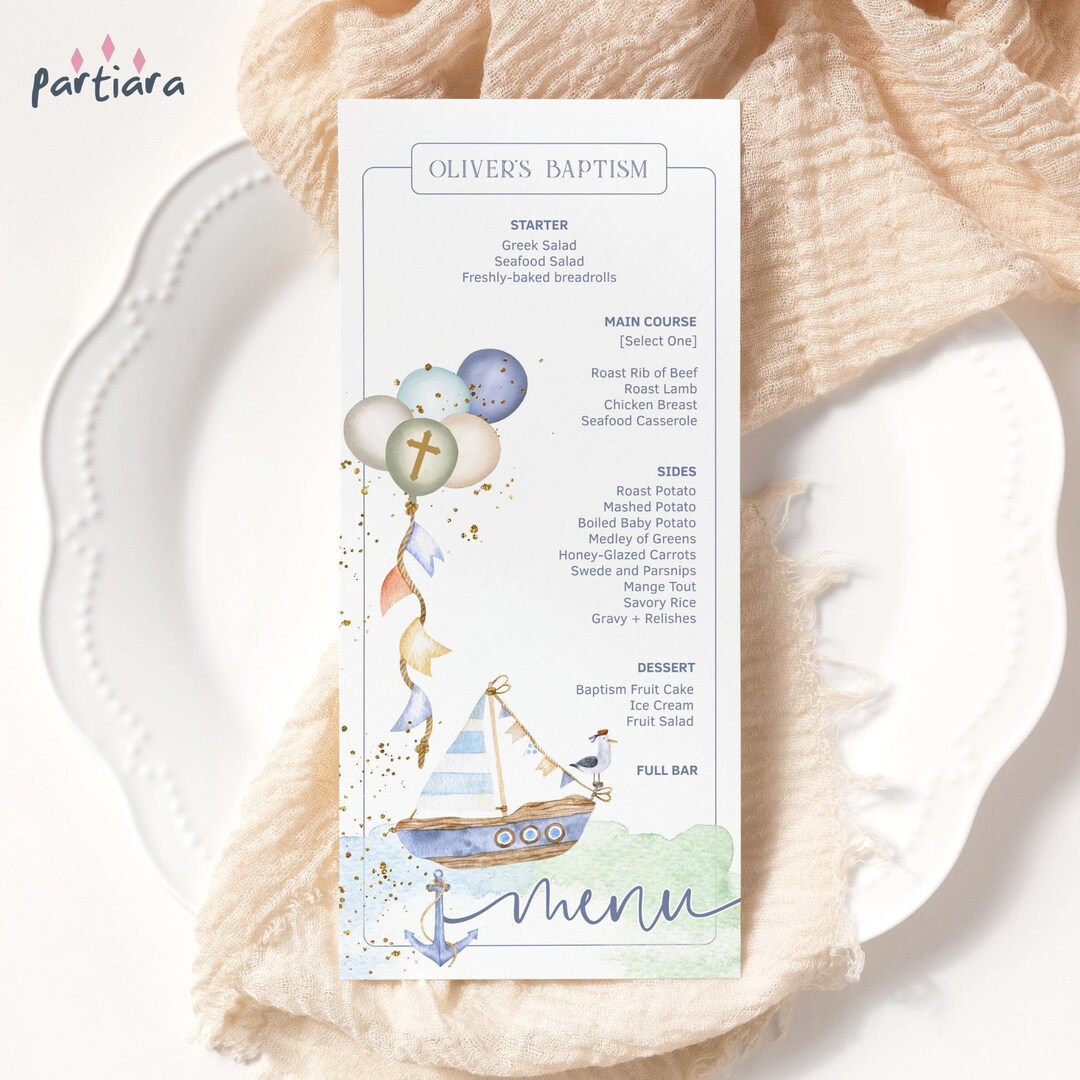 Baptism Menu Card Nautical Party Table Menus Printable Boys Rustic ...
